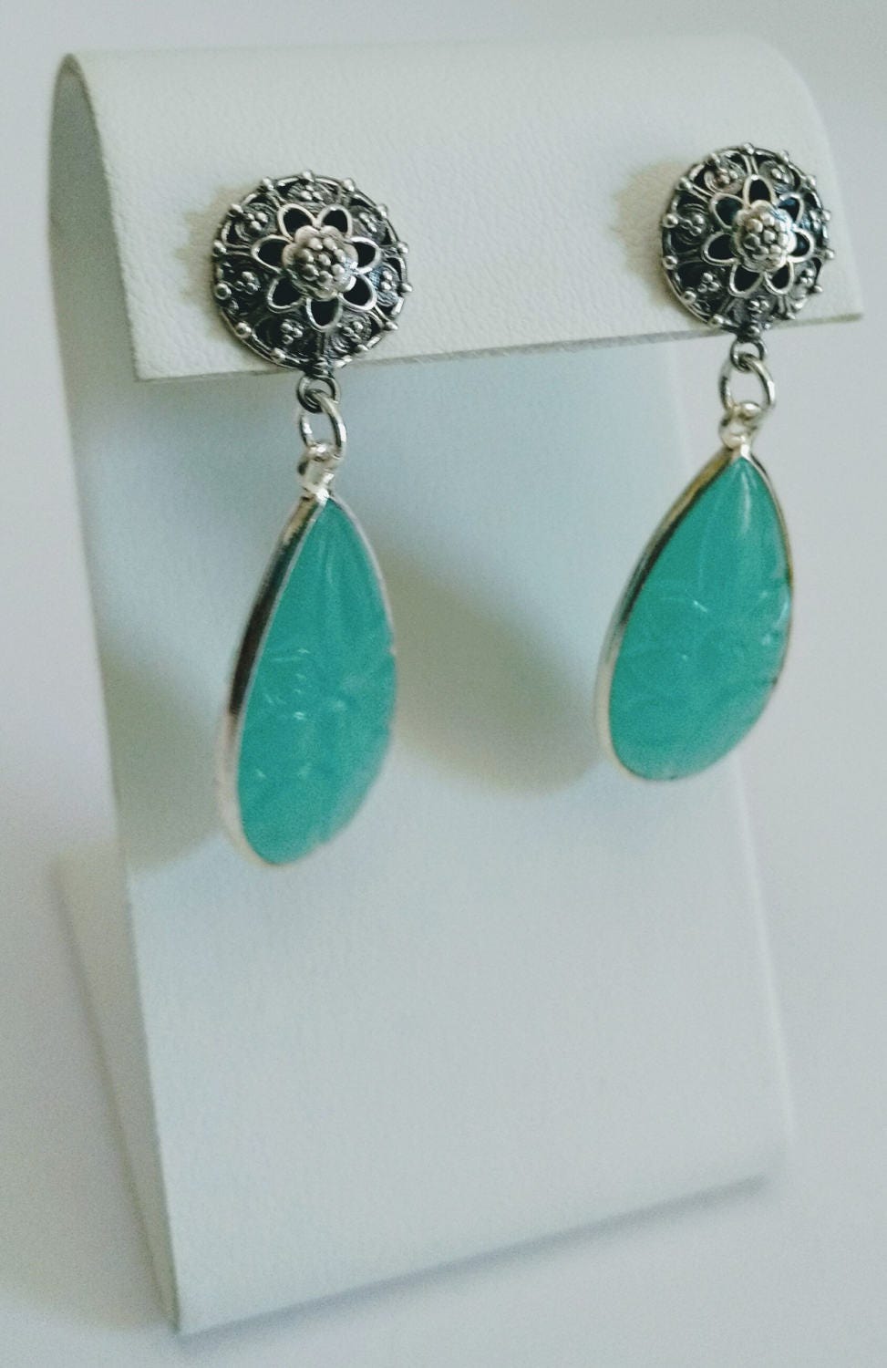 Carved Aqua Chalcedony and Antiqued Sterling Silver Earrings | Etsy