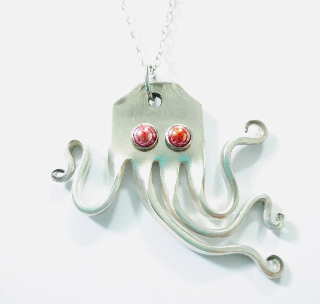Octopus Necklace, Upcycled Silverplate Silverware Jewelry, Red ...