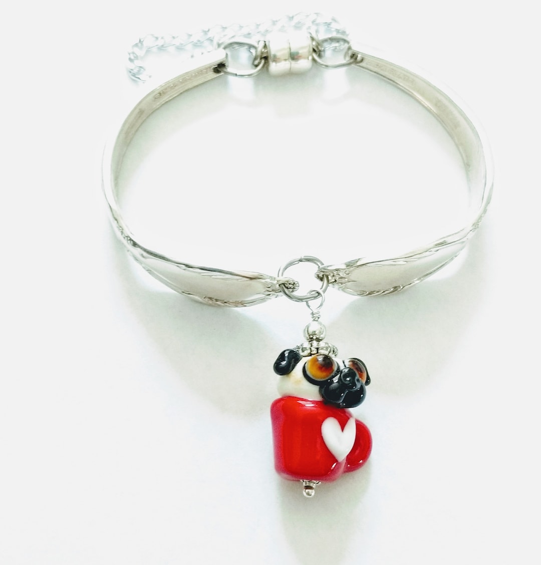 Spoon Handle Bracelet With Pug in a Mug Lampwork Bead, Recycled ...