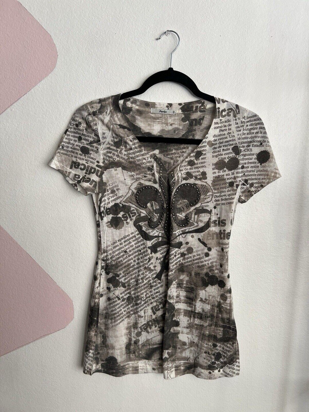 Y2K Grunge Rhinestone Top, Newspaper Print, Edgy Style, Alt, Cyber Punk ...