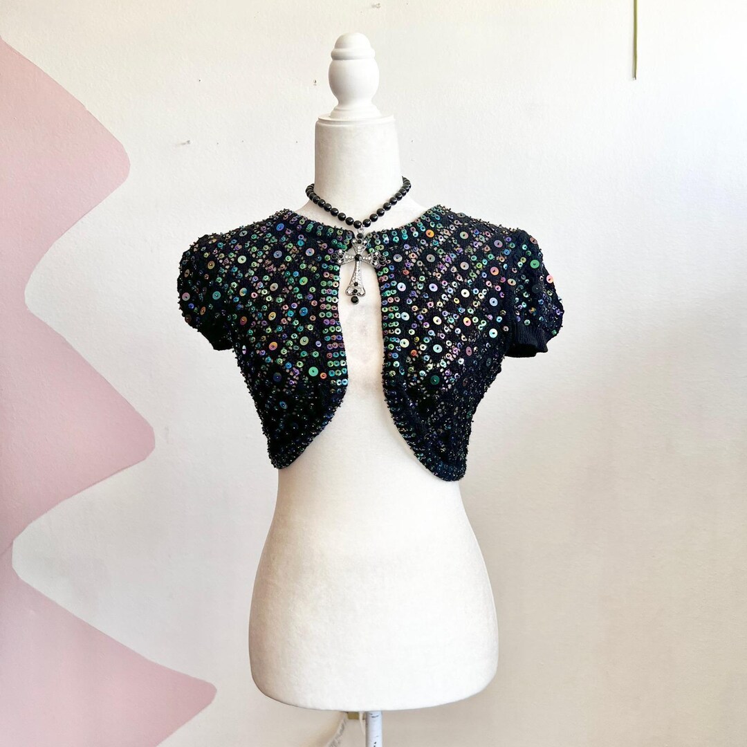 Vintage Y2K Sequin Bolero Shrug 2000s Glam Sparkly Indie Sleaze Black ...