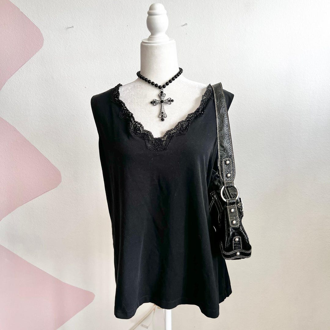 Vintage Black Lace Trim Tank Top, Goth Whimsigoth Grunge Indie Sleaze ...