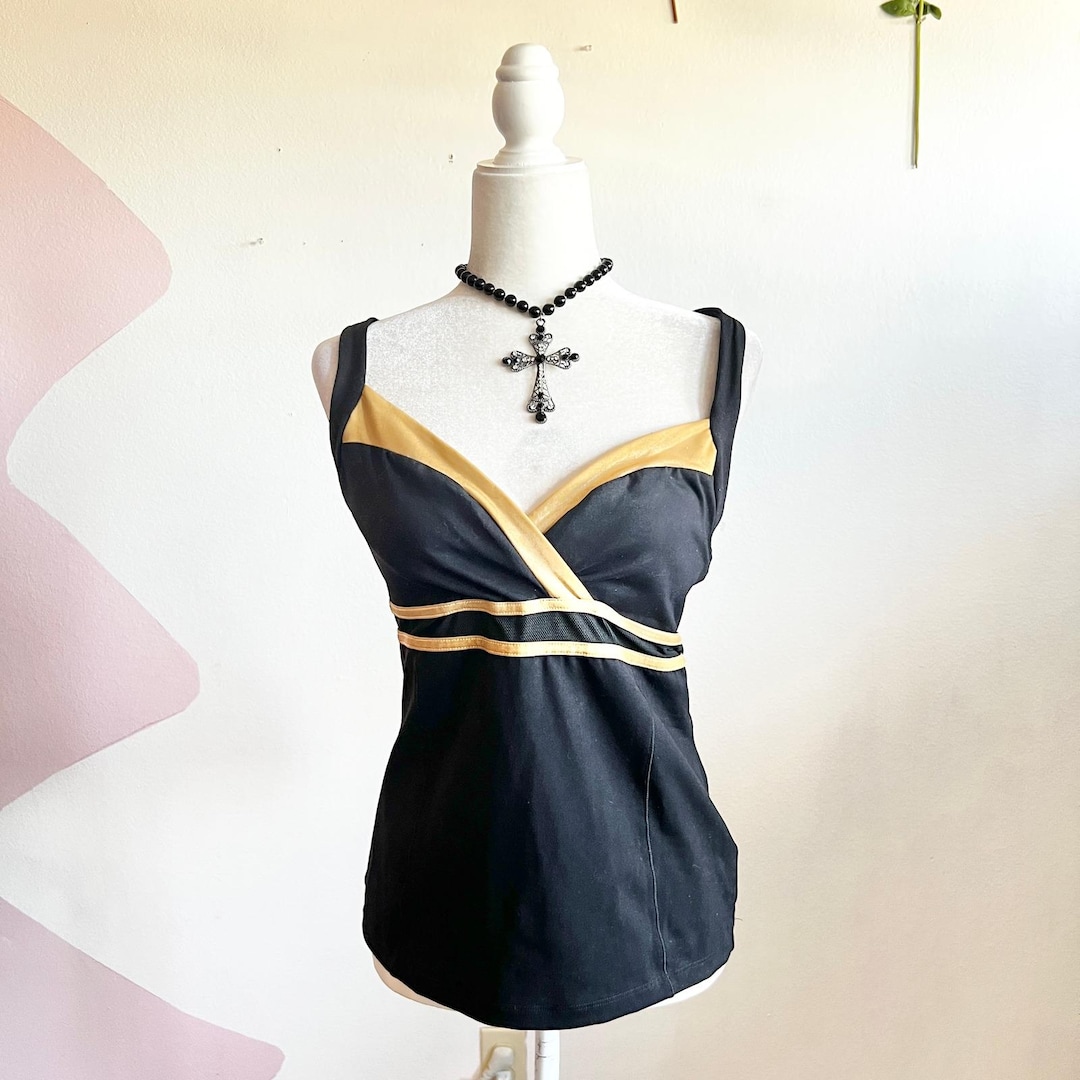 Bebe Sport 2000s Sports Tank Top Y2K Black Gold Women's Large Vintage ...