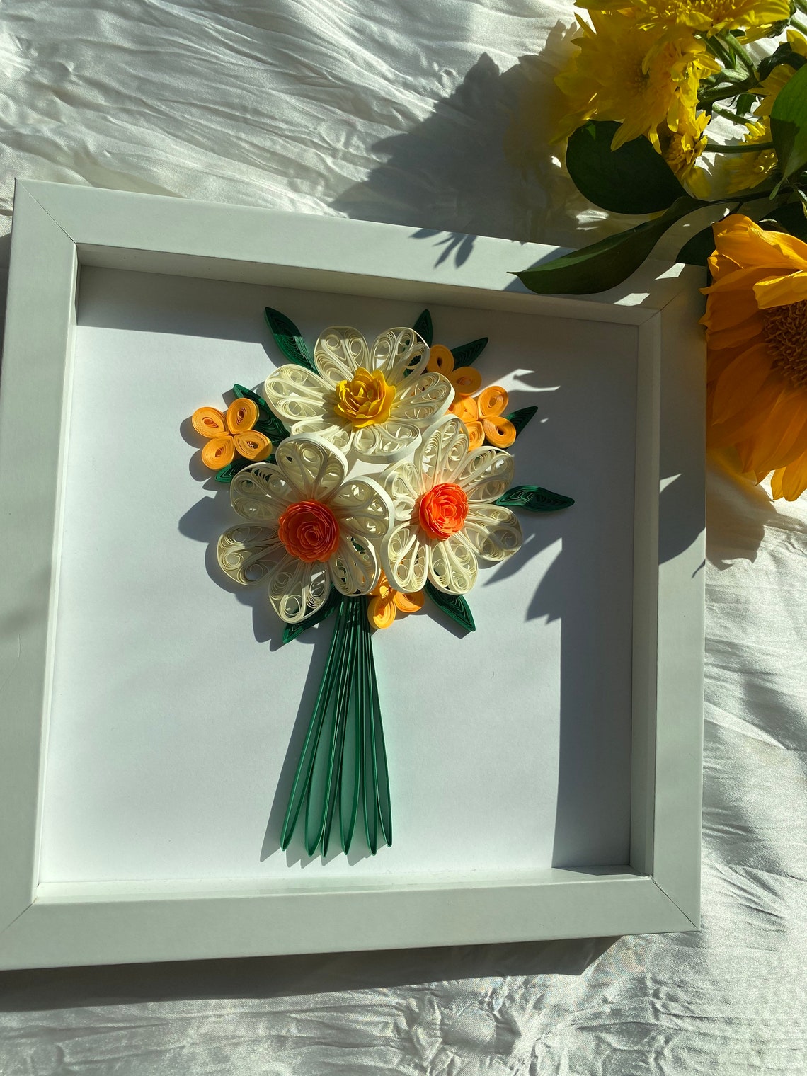 Bouquet of White-orange Flowers, Framed Paper Quilling Wall Art - Etsy