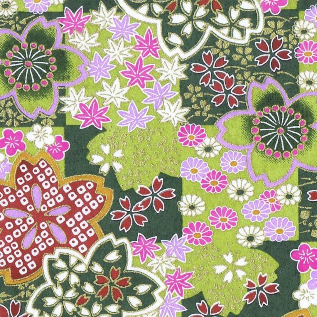 Japanese Yuzen Chiyogami Washi Paper (Y0126) – Vibrant Floral and Leaf ...