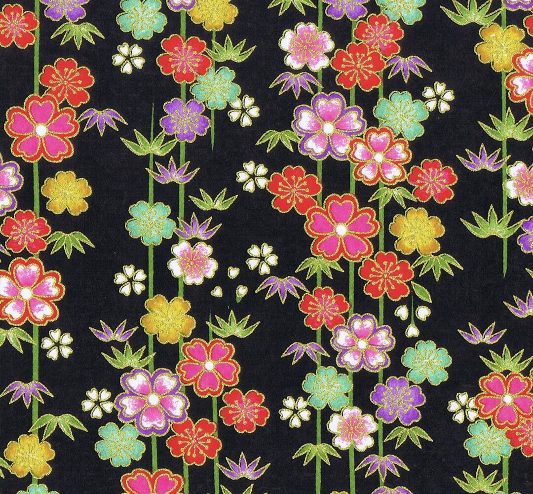 Japanese Yuzen Washi Paper Floral Design on Black Chiyogami Paper With Gold Accent for Origami ...