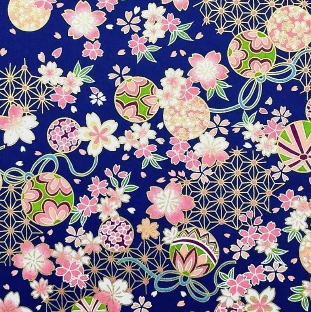 Japanese Yuzen Washi Paper -pink Cherry Blossoms & Baubles on Blue - Etsy