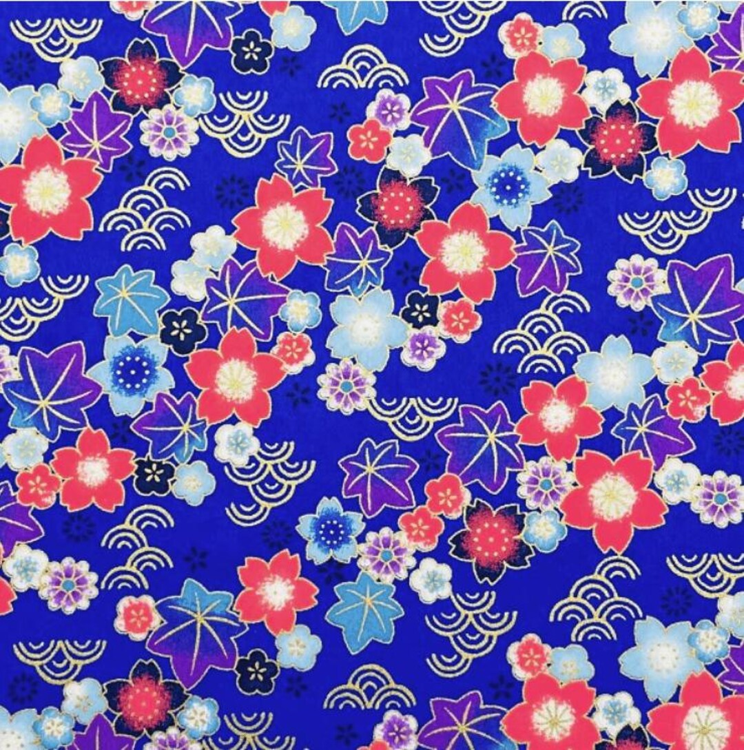Japanese Yuzen Chiyogami Washi Paper Y1117 - Bright Florals on Royal ...