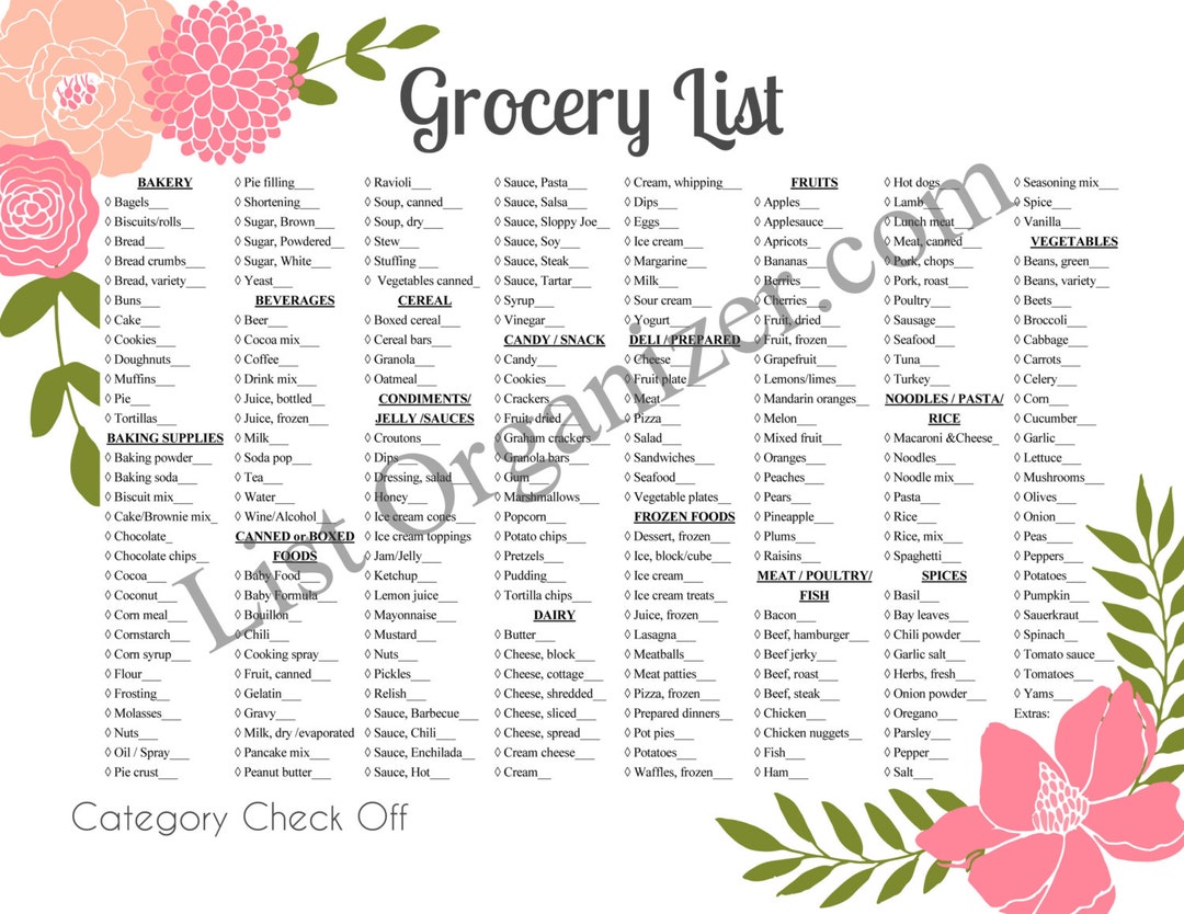 Grocery List, Category Check off Printable Instant Digital Download ...