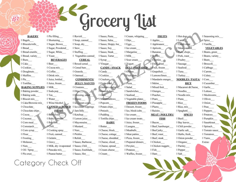 Grocery List, Category Check off Printable Instant Digital Download ...