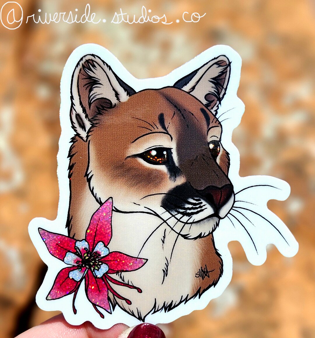 Mountain Lion Puma Cougar Vinyl Glitter Sticker 3" Columbine Flower ...