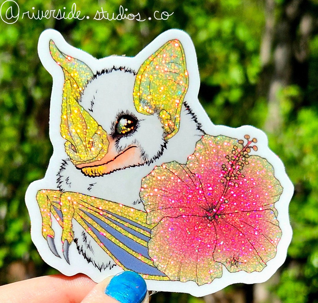 Honduran White Bat Vinyl Glitter Sticker 3" Original Art Hibiscus ...