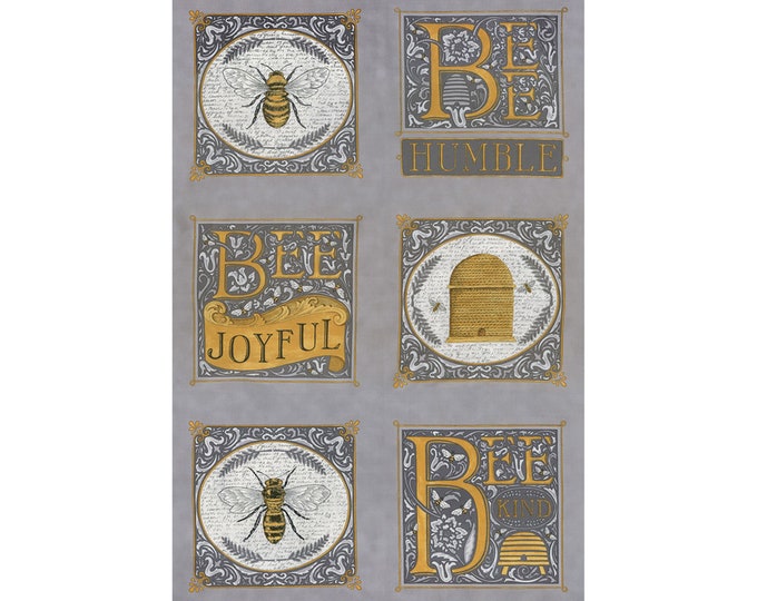 RARE 24x44 PANEL Bee Joyful by Deb Strain for Moda 19870-12 Dove Grey ...
