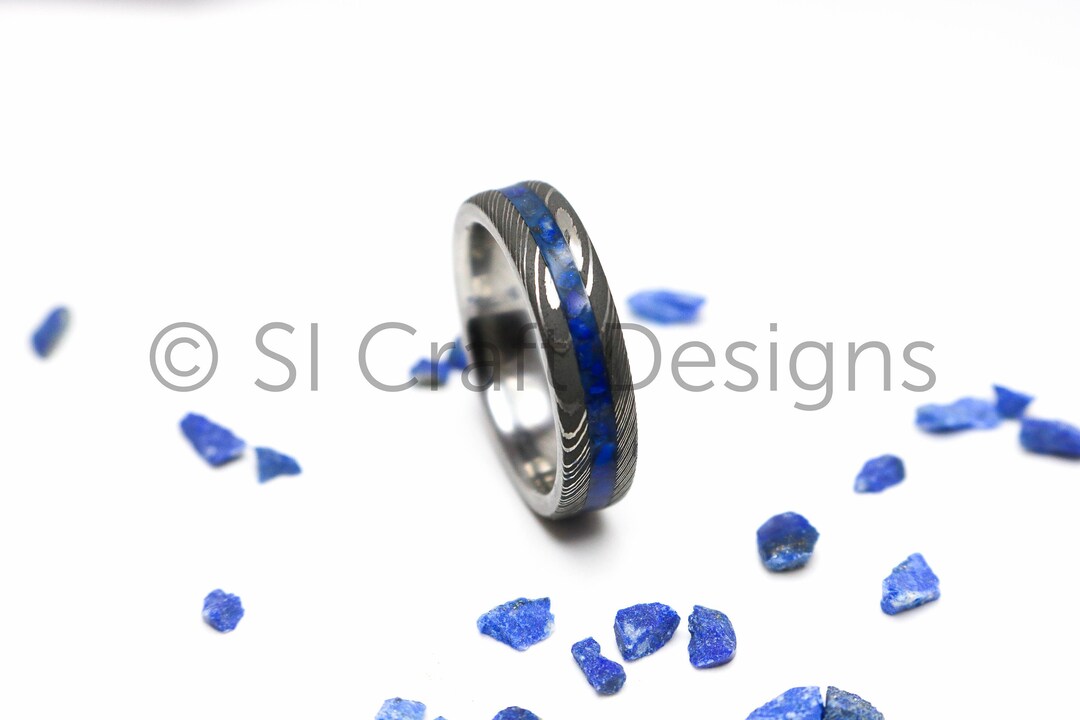 Damascus Ring Inlaid With Dark Blue Topaz Stones - Etsy