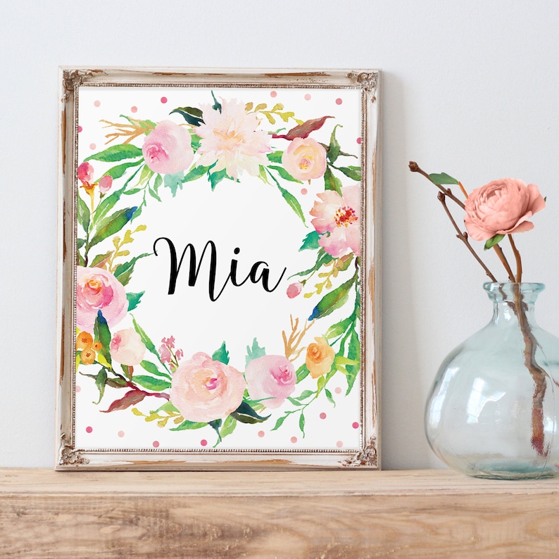 Baby Girl Name Print Mia Name Floral Name Print Nursery | Etsy