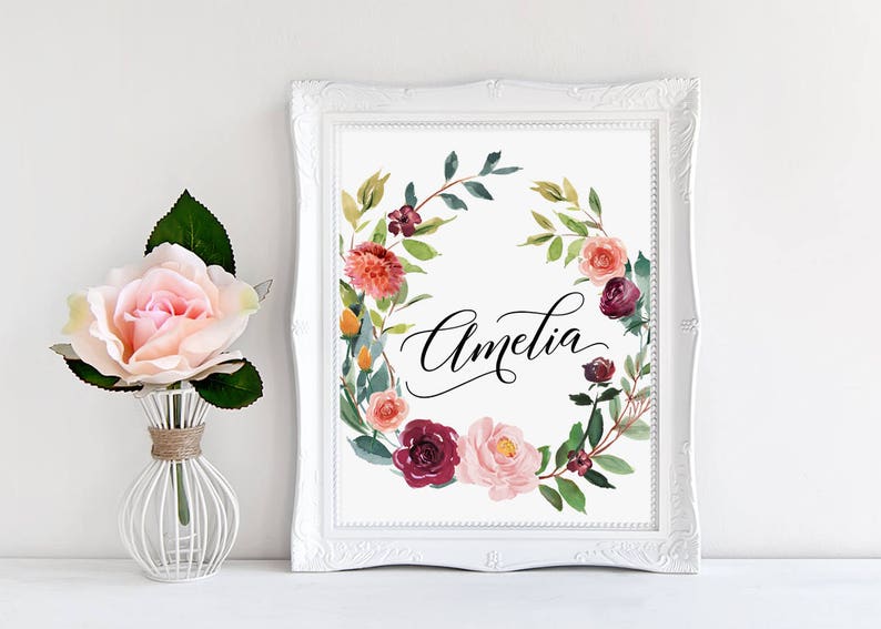 Nursery Name Decor Amelia Name Floral Name Print Baby Girl | Etsy