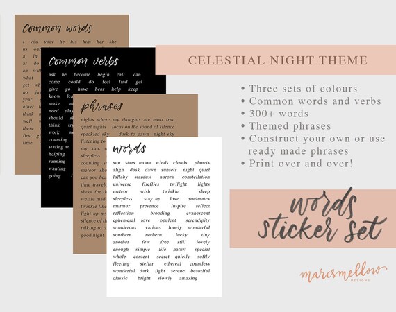Celestial Night Themed Words Digital Sticker Pack Journal | Etsy