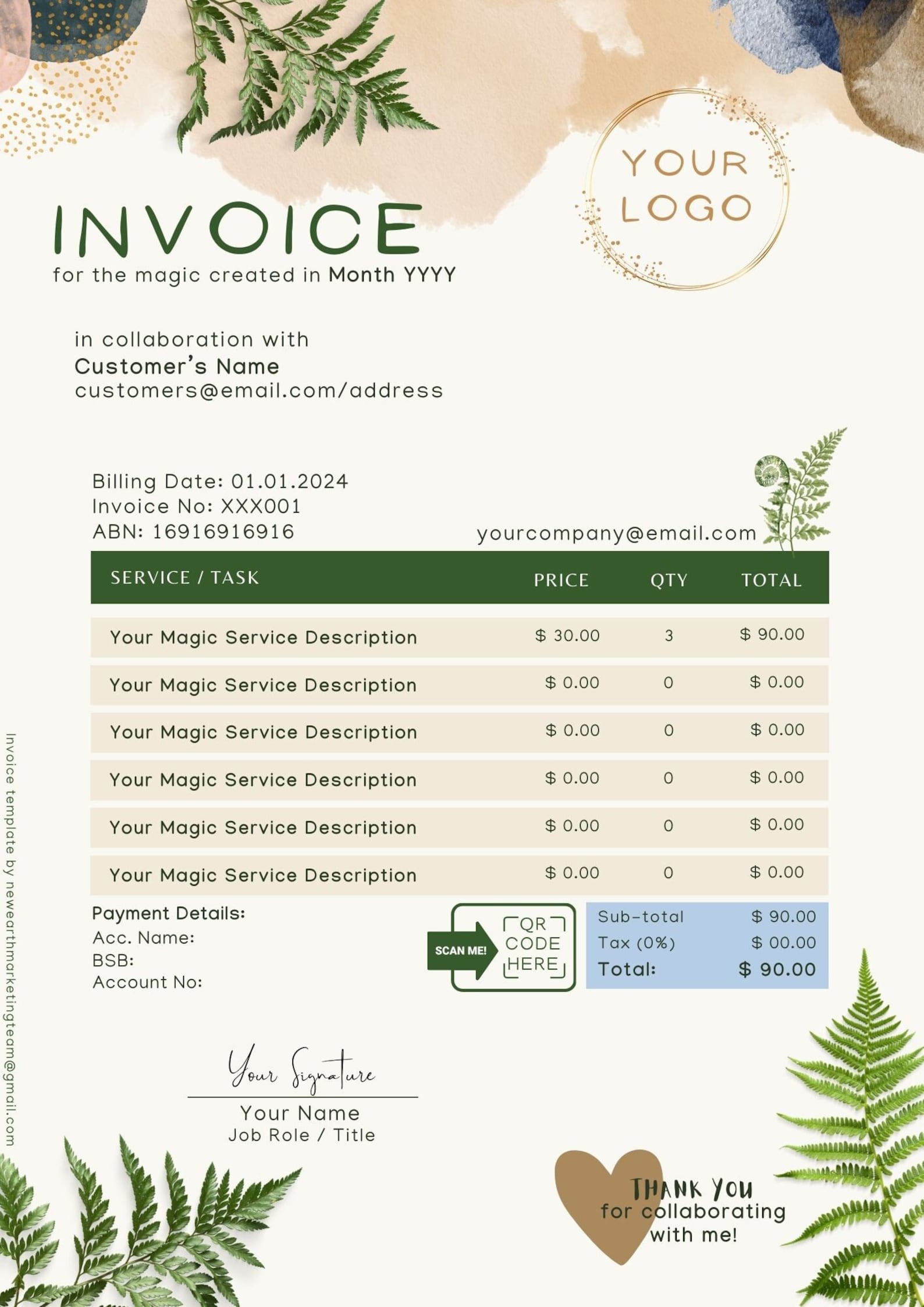 Fern Business Invoice Template, Natural Healthcare Design (canva PDF ...