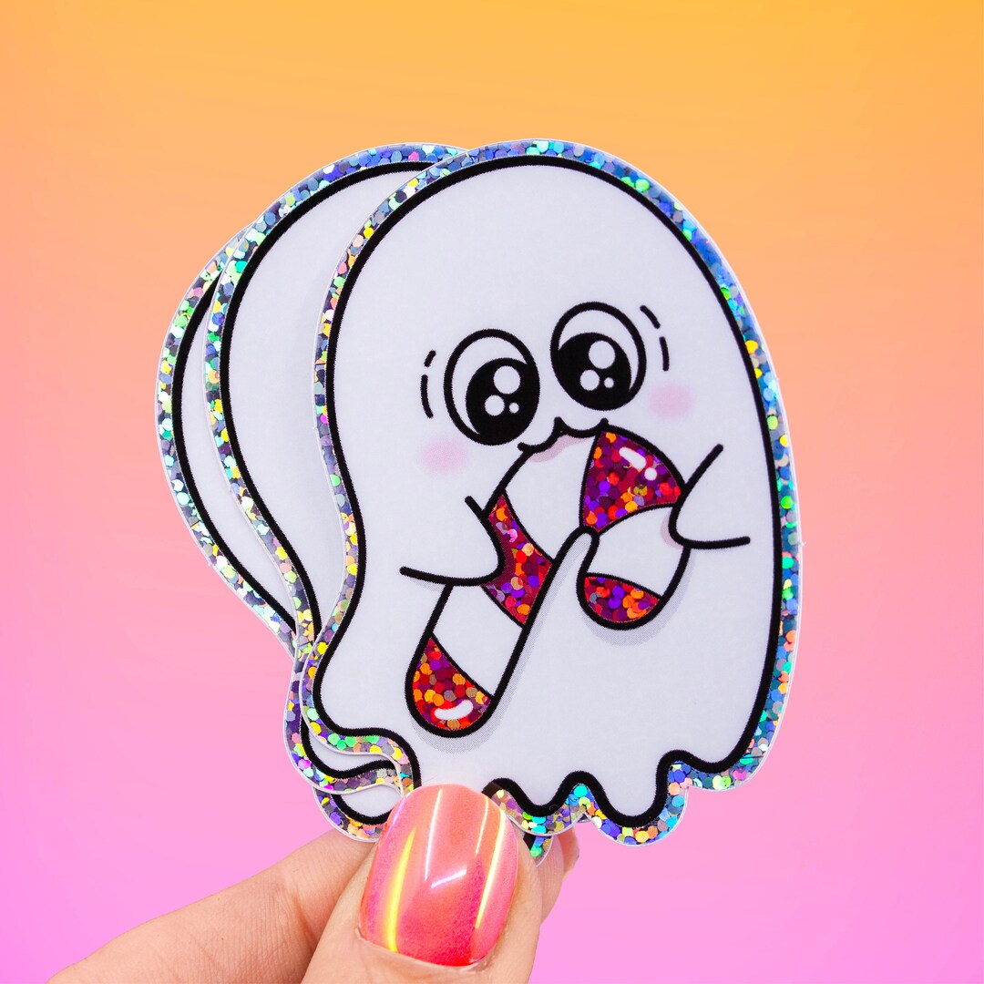 Candy Cane Ghost Glitter STICKERS | Cute Kawaii Cheeky Little Ghost ...