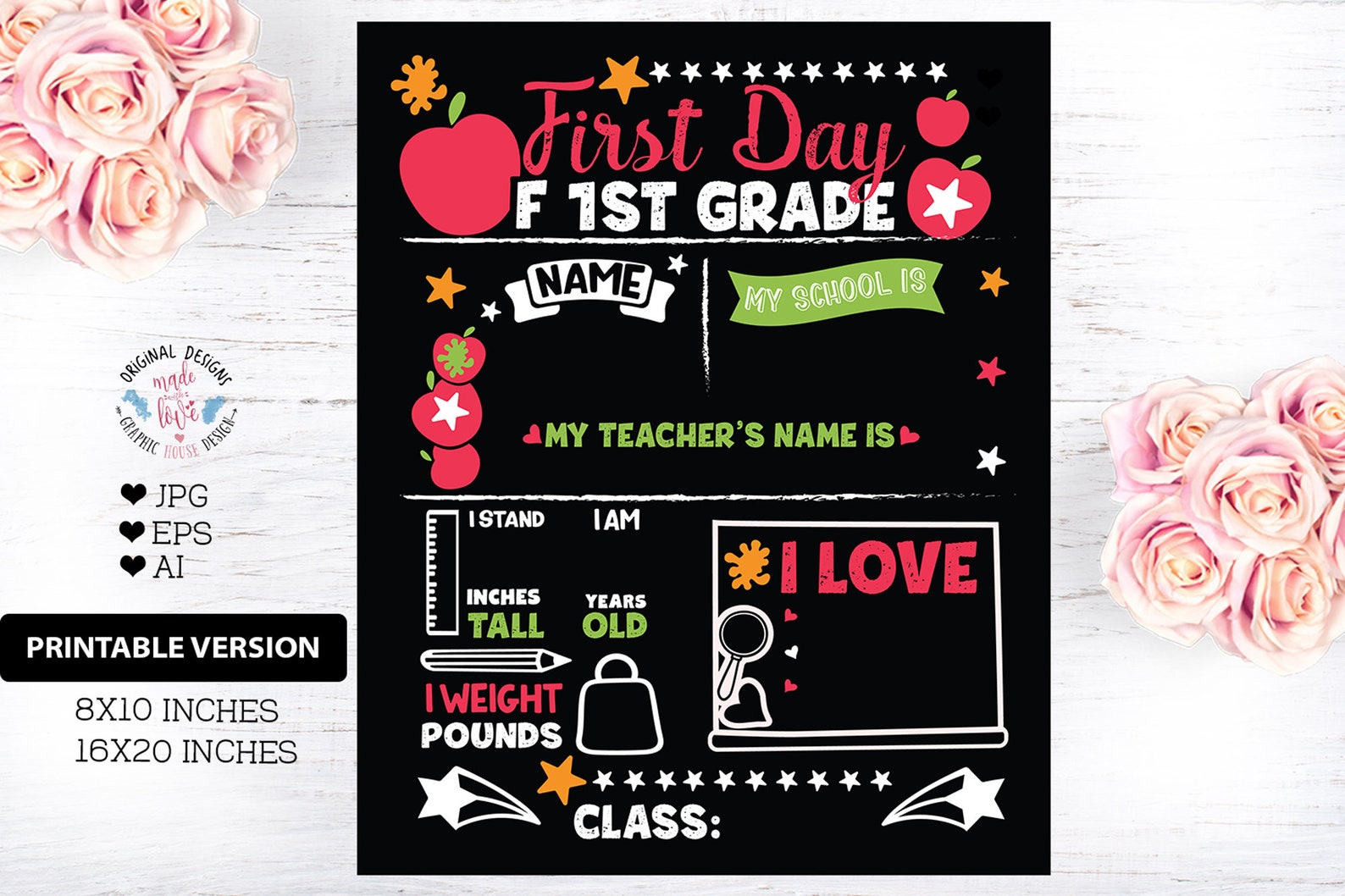 First Day of First Grade Printable School Template Printable | Etsy
