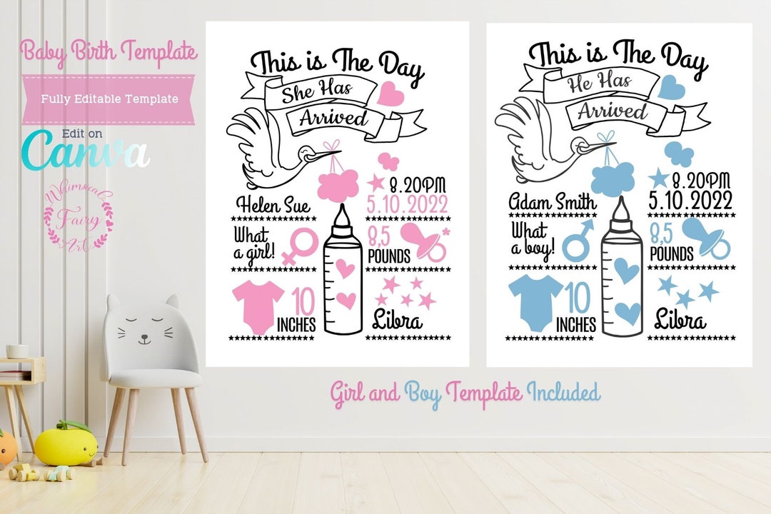 Baby Birth Announcement Editable on Canva Template, Baby Birth Template ...