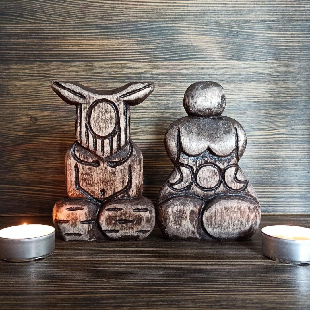 Cernunnos + Goddess Statue | Horned God Triple Moon Moon Phase Art ...