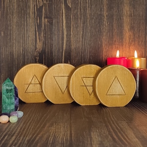 4 Elements Water Fire Air Earth Symbol Round Wooden Plaque Home Stand ...