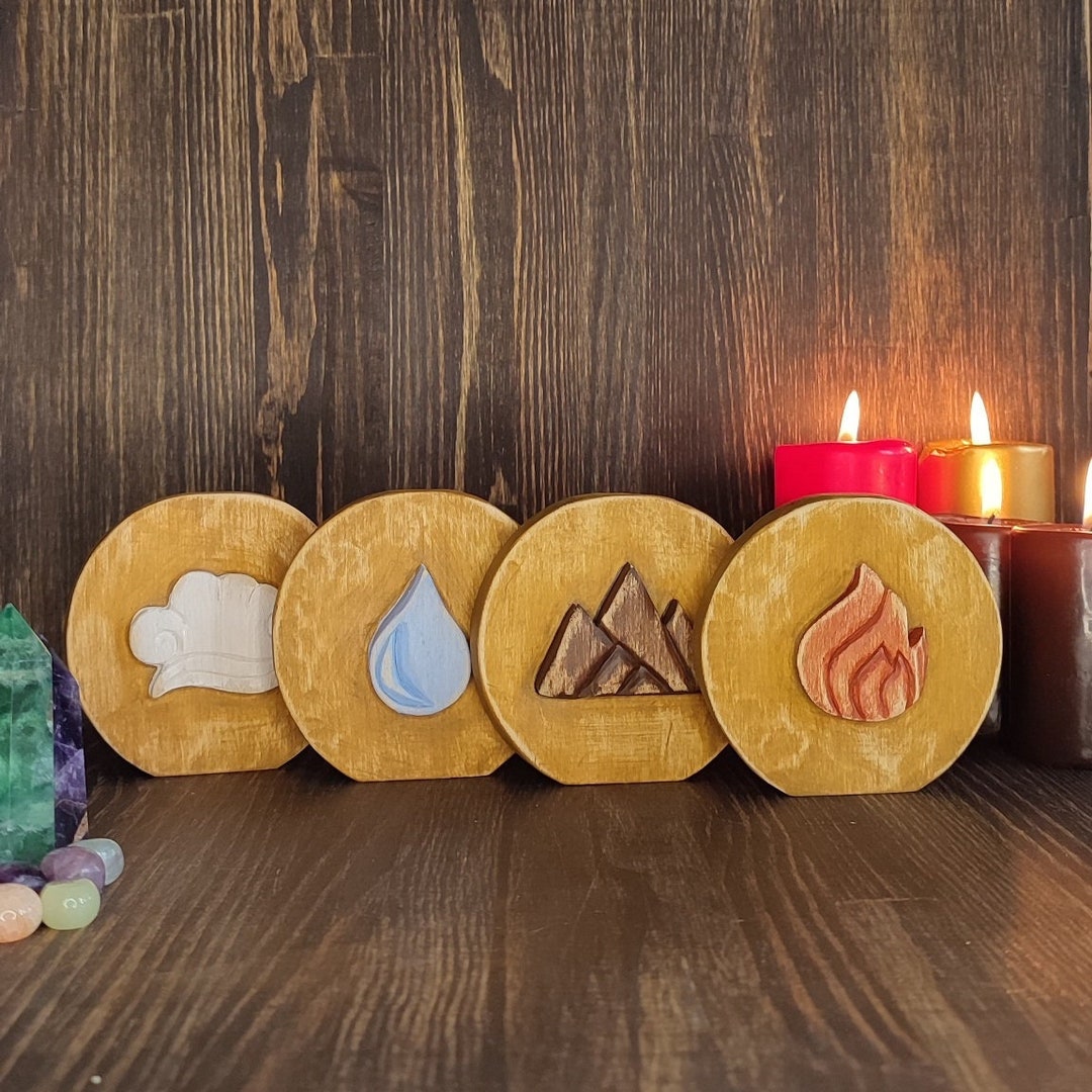 4 Elements Water Fire Air Earth Symbol Round Wooden Plaque Home Stand ...