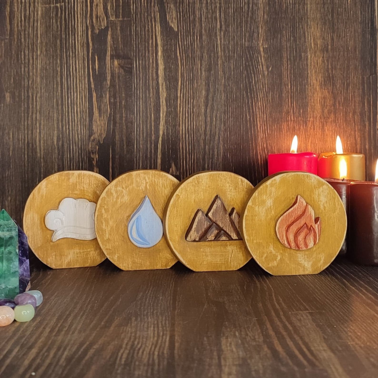 4 Elements Water Fire Air Earth Symbol Round Wooden Plaque Home Stand ...