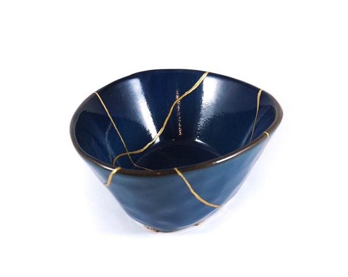 Kintsugi Bowl With Real Gold Finish. Contemporary Blue Ceramic Repaired ...