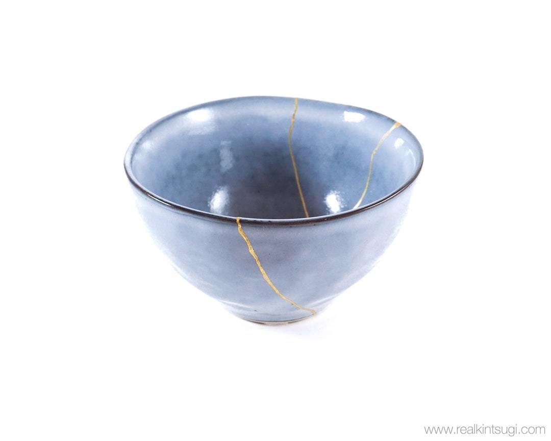 Kintsugi, Blue Wabi Sabi Bowl Restored With Real 22K Gold, Contemporary ...