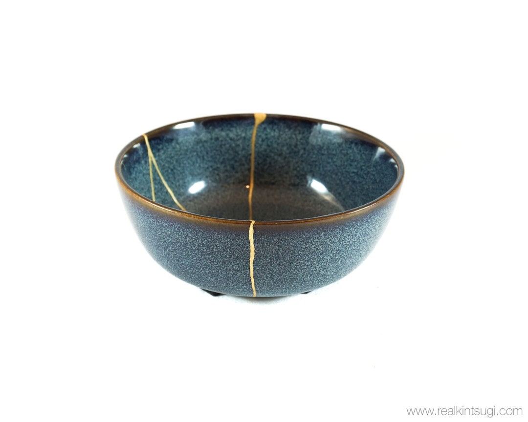 Kintsugi Bowl, Japanese Technique, Contemporary Wabi Sabi Blue Ceramic ...