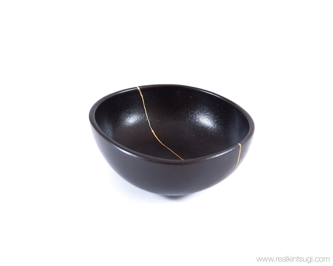 Black Wabi Sabi Bowl With Kintsugi Gold Restoration, Japanese Ceramic ...