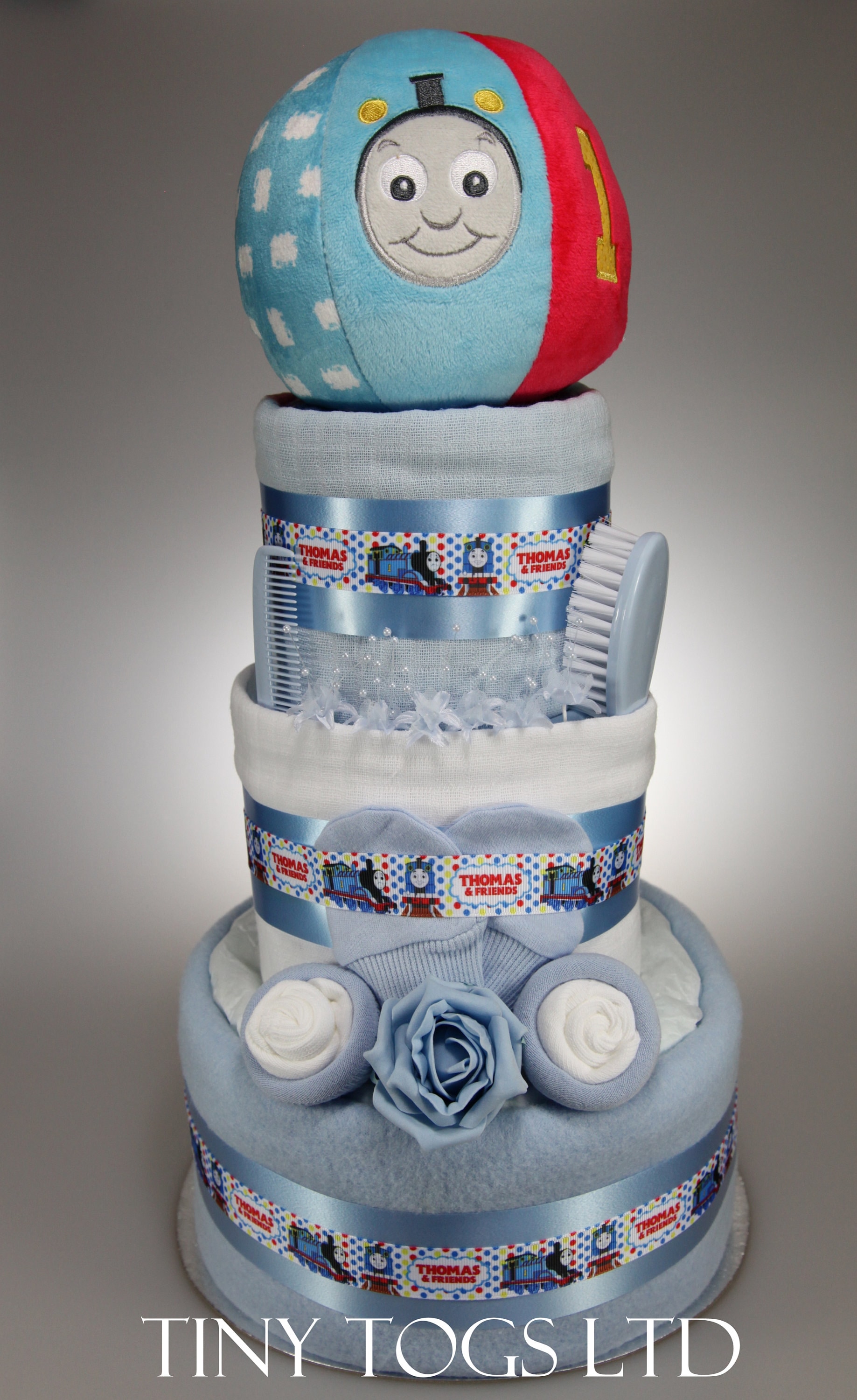 Thomas The Tank Engine 3 Tier Baby Boy Nappy Cake with My First Thomas ...