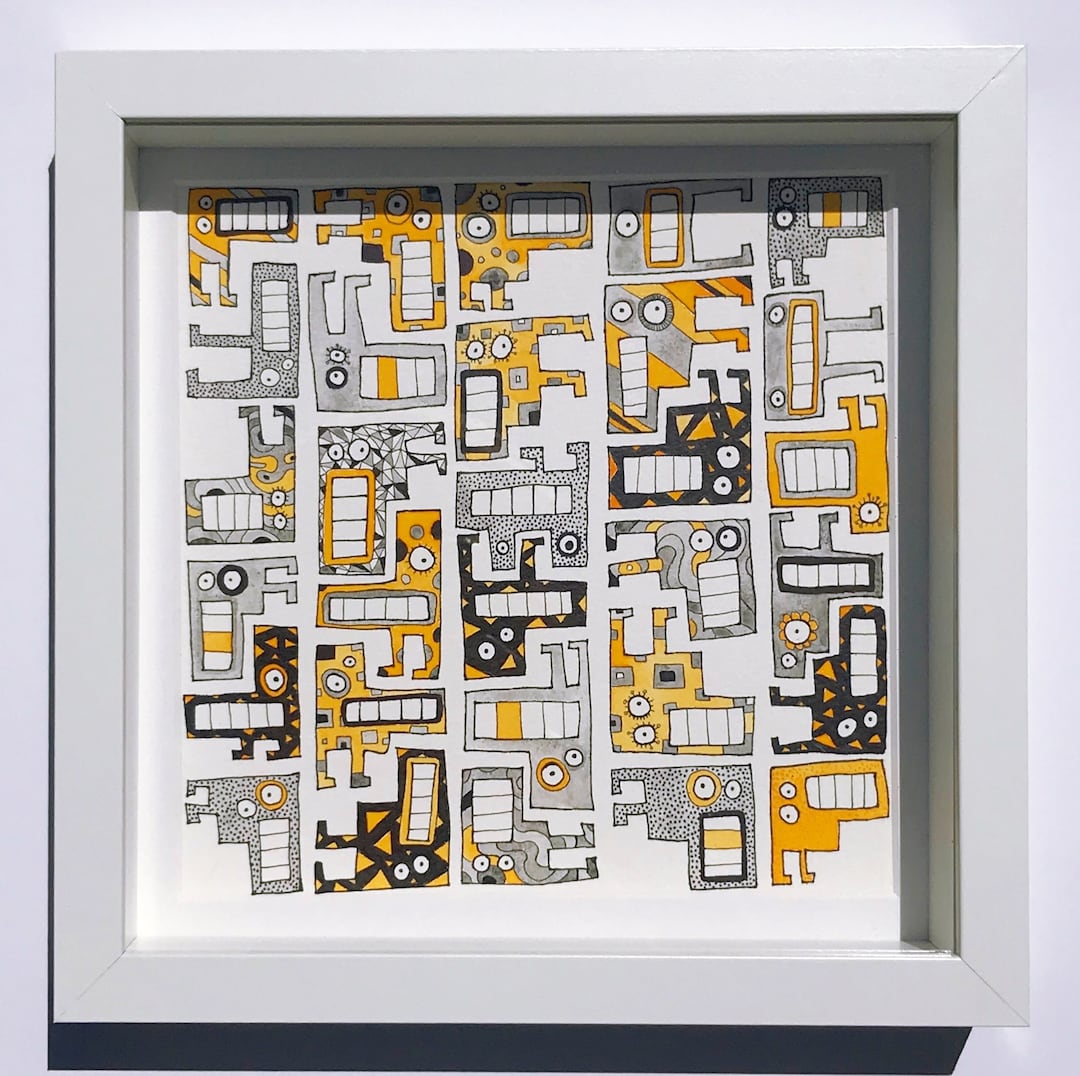 Yellow Tetris Monsters Original Framed and Matted Painting - Etsy
