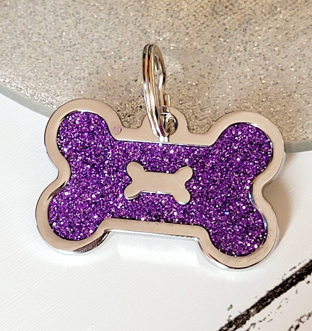 Quality Coloured Purple Sparkly Bone Dog ID Tag, Laser Engraved. - Etsy