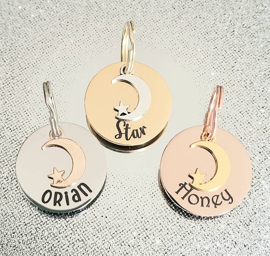 Moon and Star Pet ID Tag With Silver, Gold or Rose Gold Charm. - Etsy