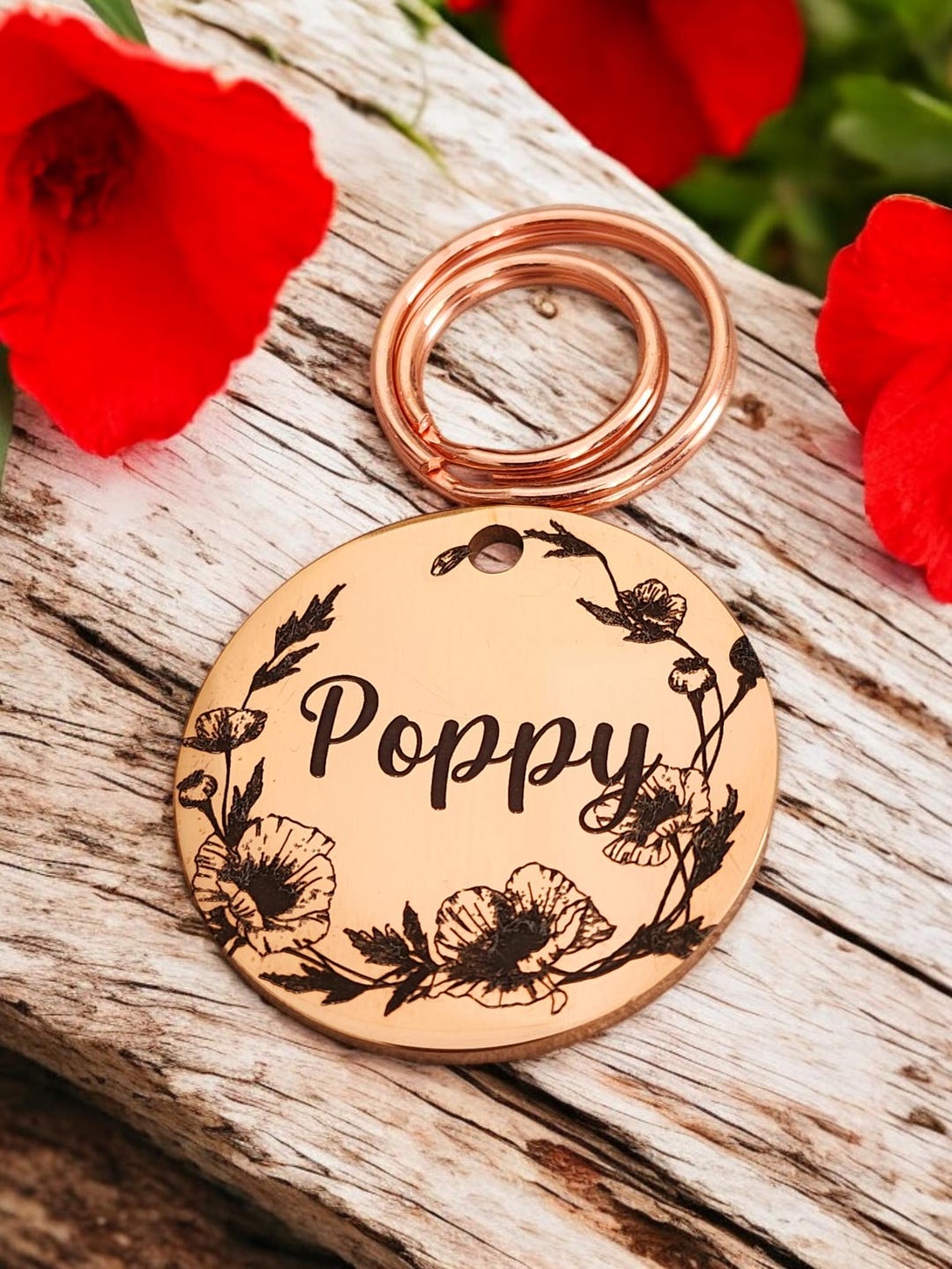 POPPY Pet ID Tag, With Poppy Wild Flower Border Design. Silver, Gold ...