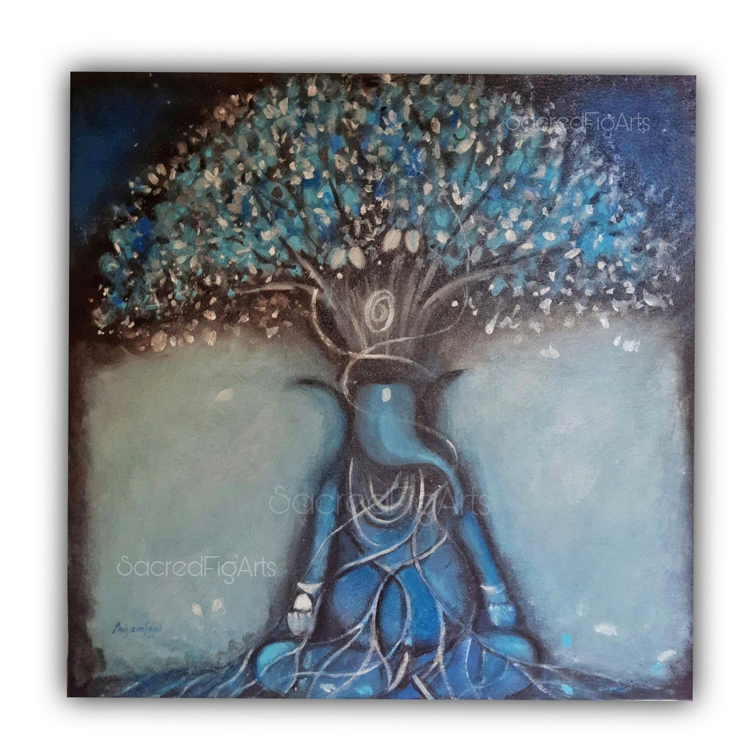 Ganesha Tree Acrylic Painting, Blue Indian Art (12x12) - Etsy
