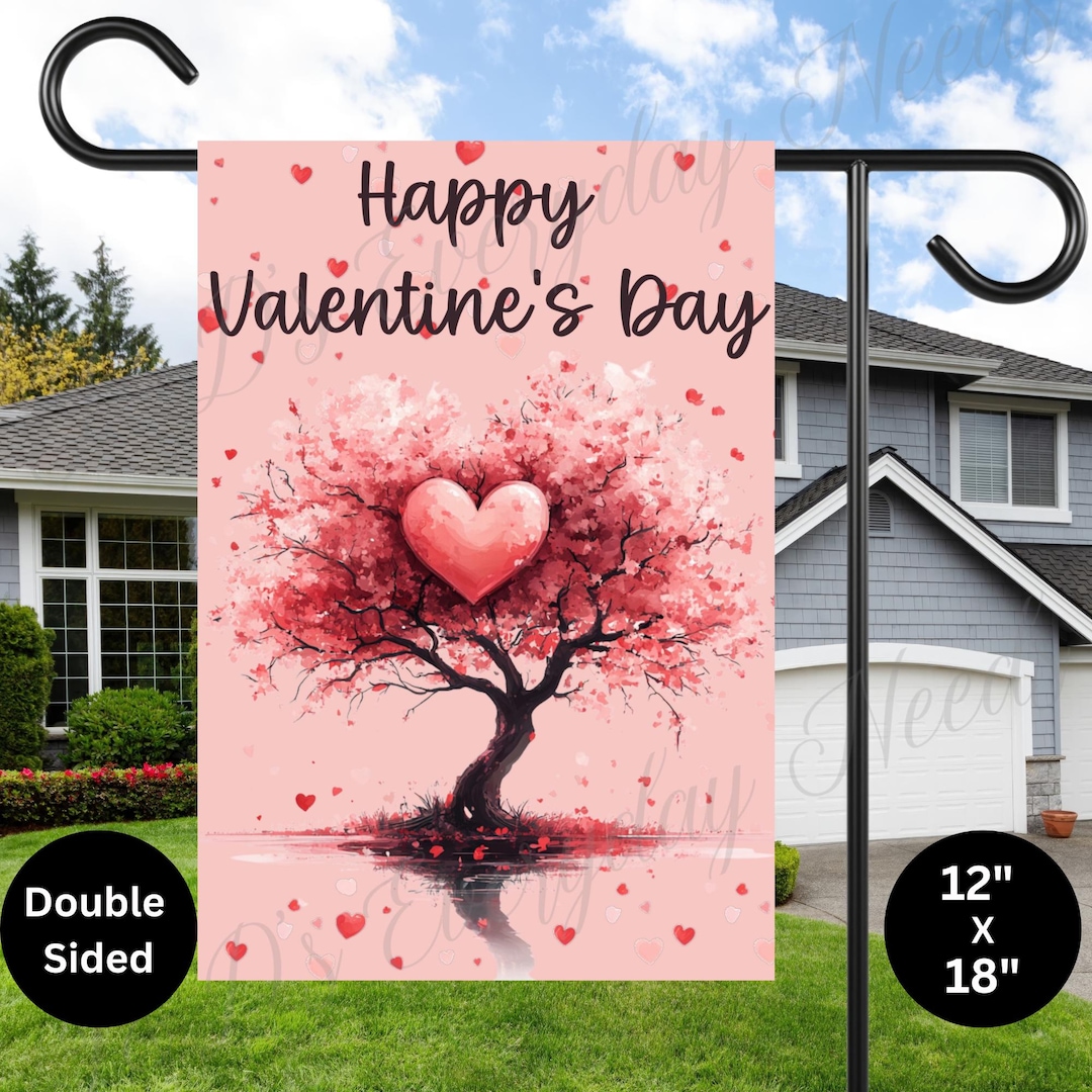 Happy Valentines Day Flag, Valentines Garden Flag, Pink Valentine Tree ...