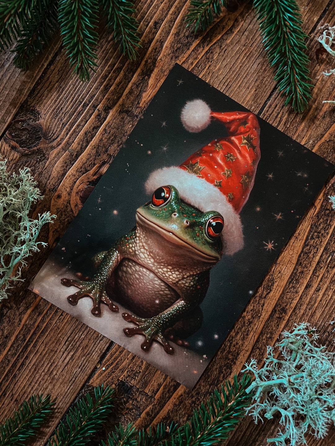 Festive Frog in Santa Hat Christmas Card - Handmade Holiday Greeting ...