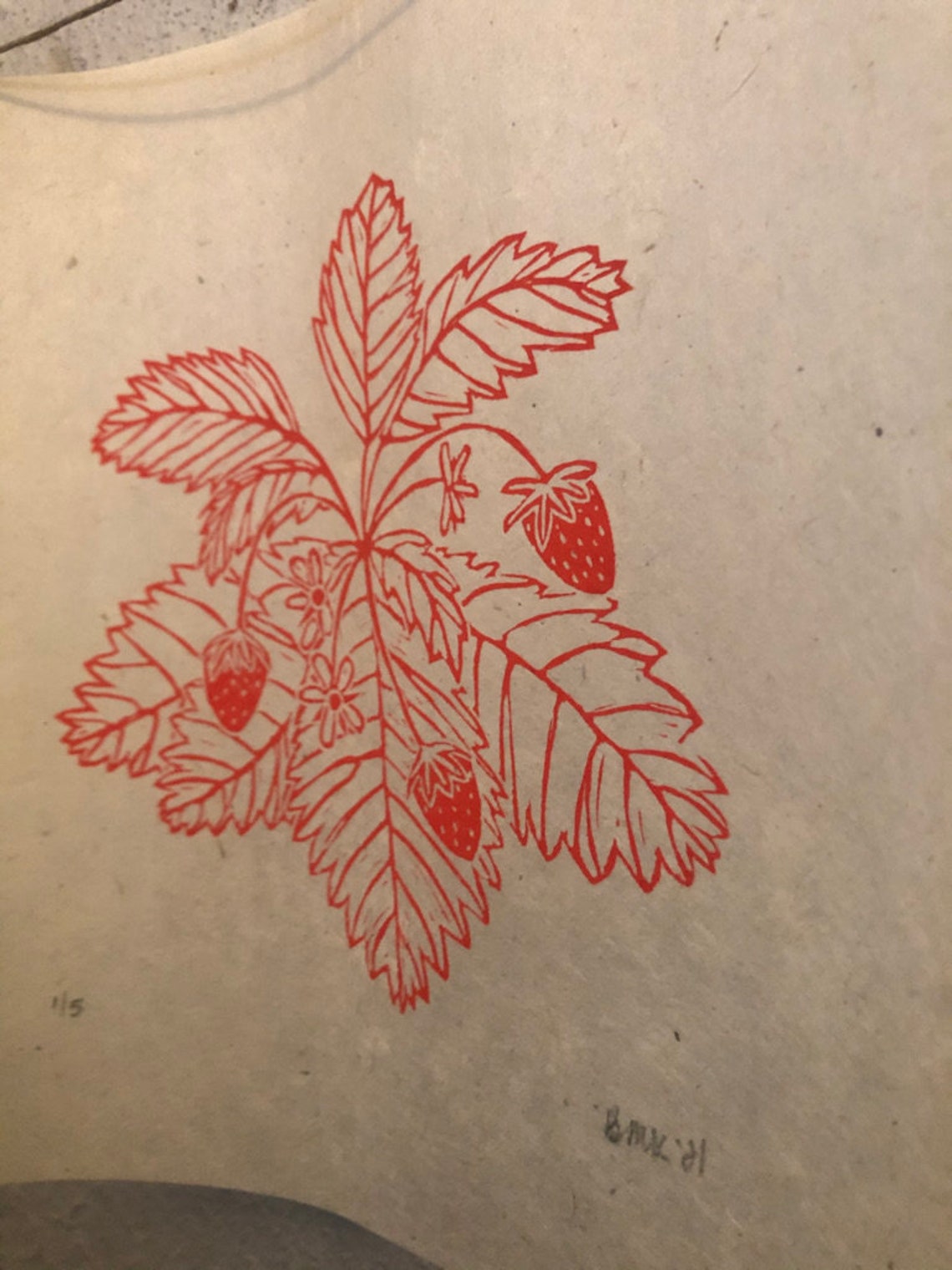 Pink Strawberry Plant Lino Print - Etsy