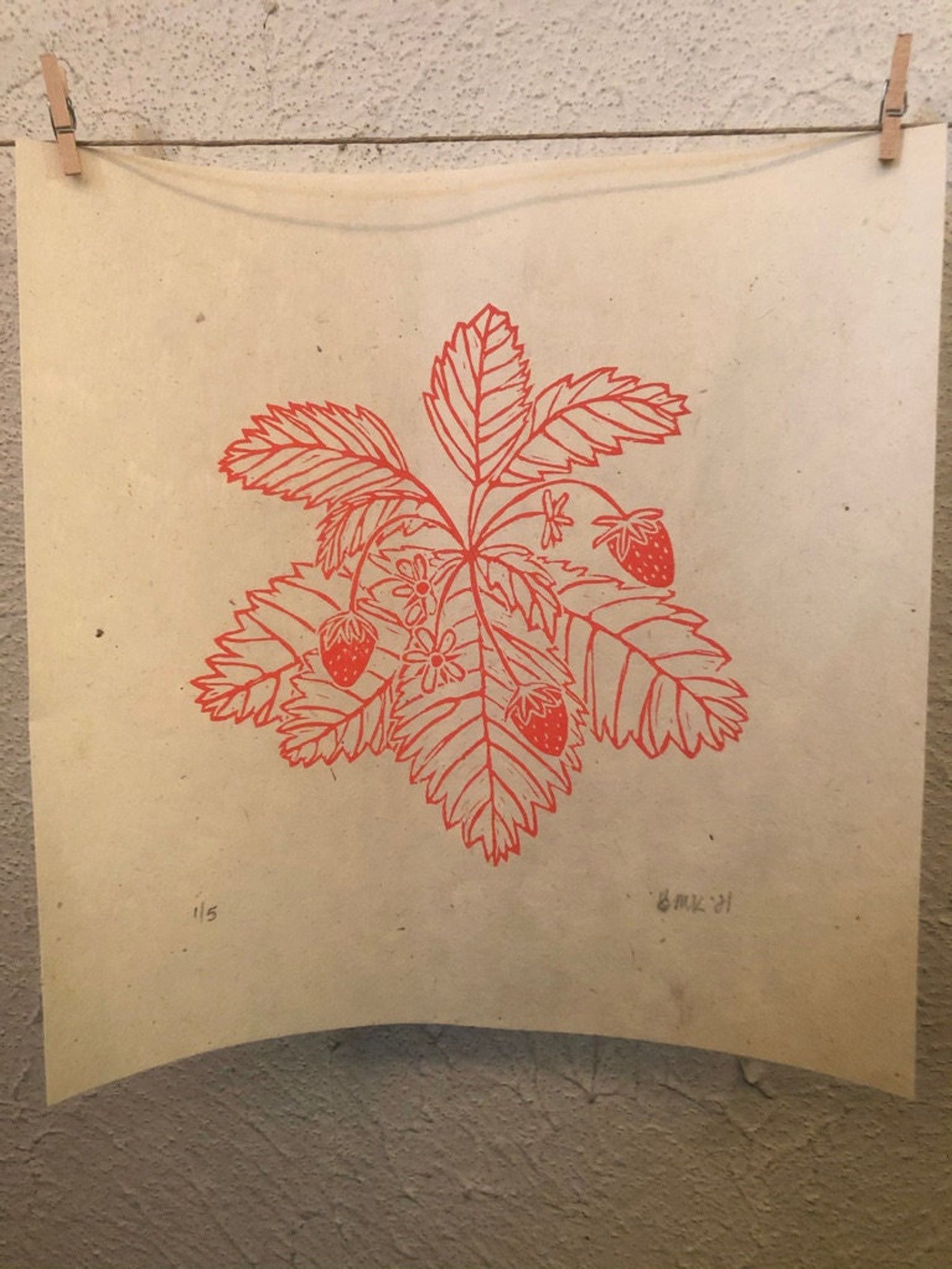 Pink Strawberry Plant Lino Print - Etsy