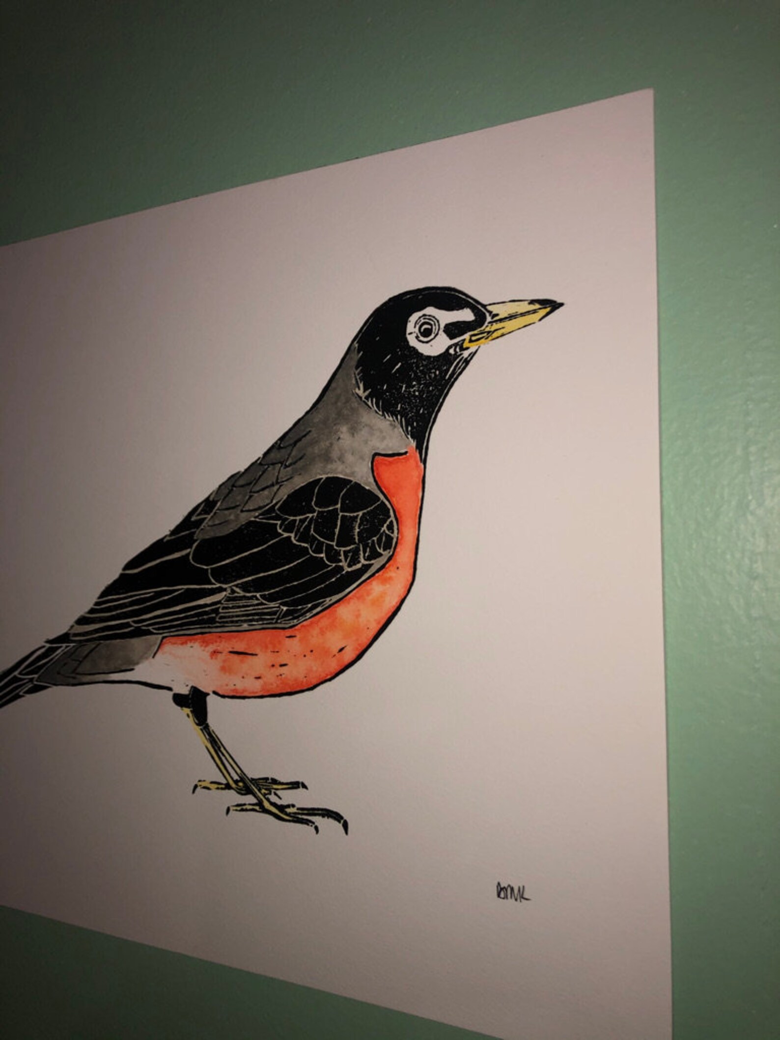 Watercolored Linocut Robin Print - Etsy