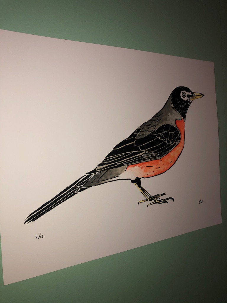 Watercolored Linocut Robin Print - Etsy