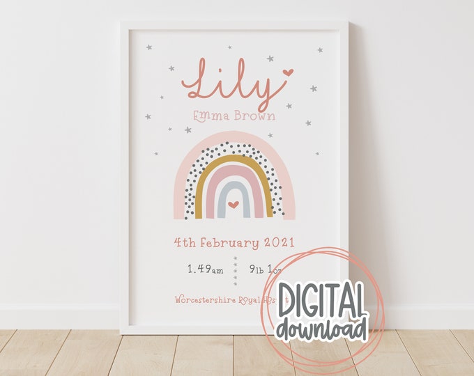 DIGITAL DOWNLOAD New Baby Print Birth Print Personalised Baby Gift Pink ...