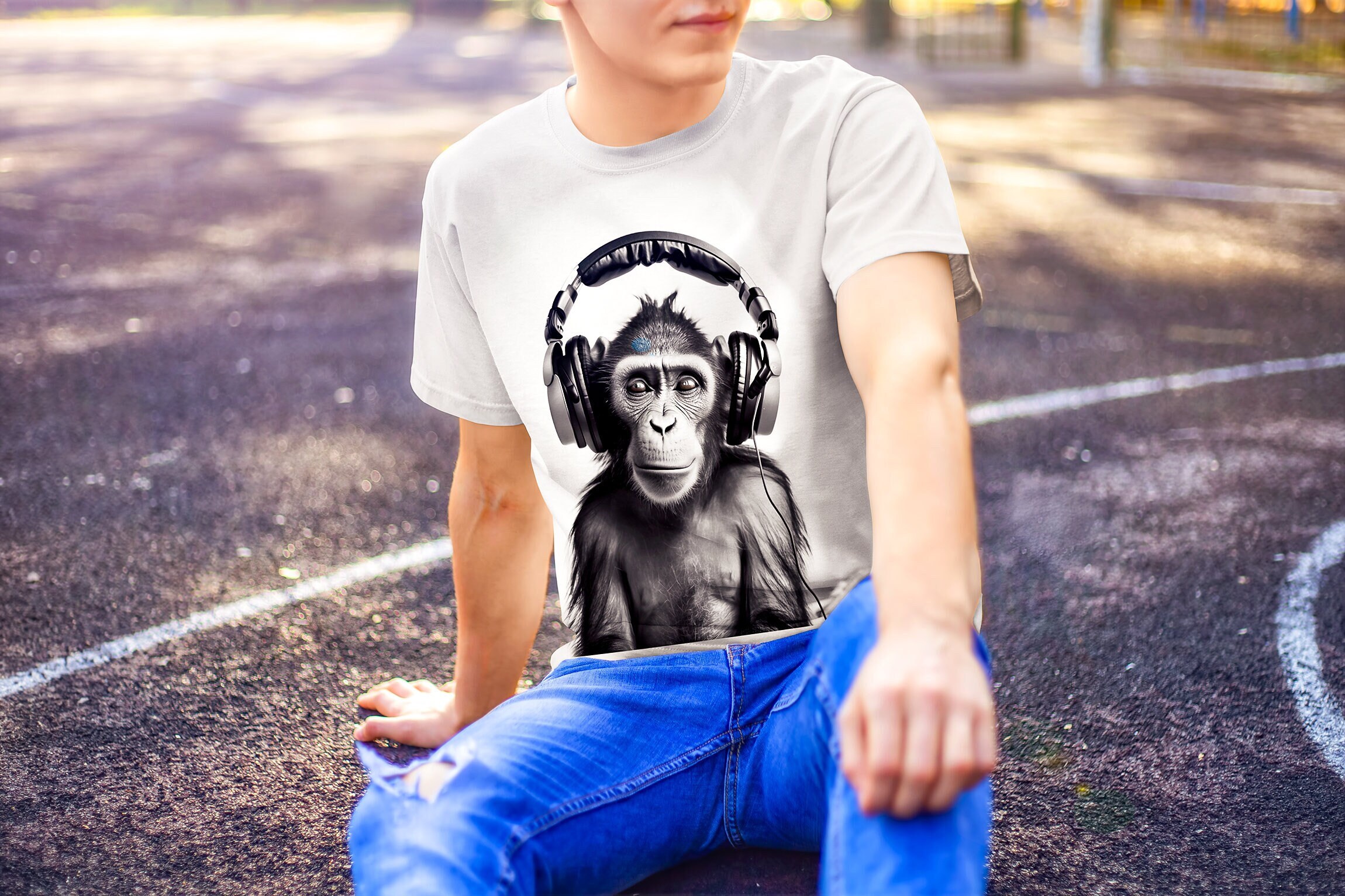 Cute Chimp Zoo Shirt Stoic White T Shirt With Headphones Funny Monkey ...