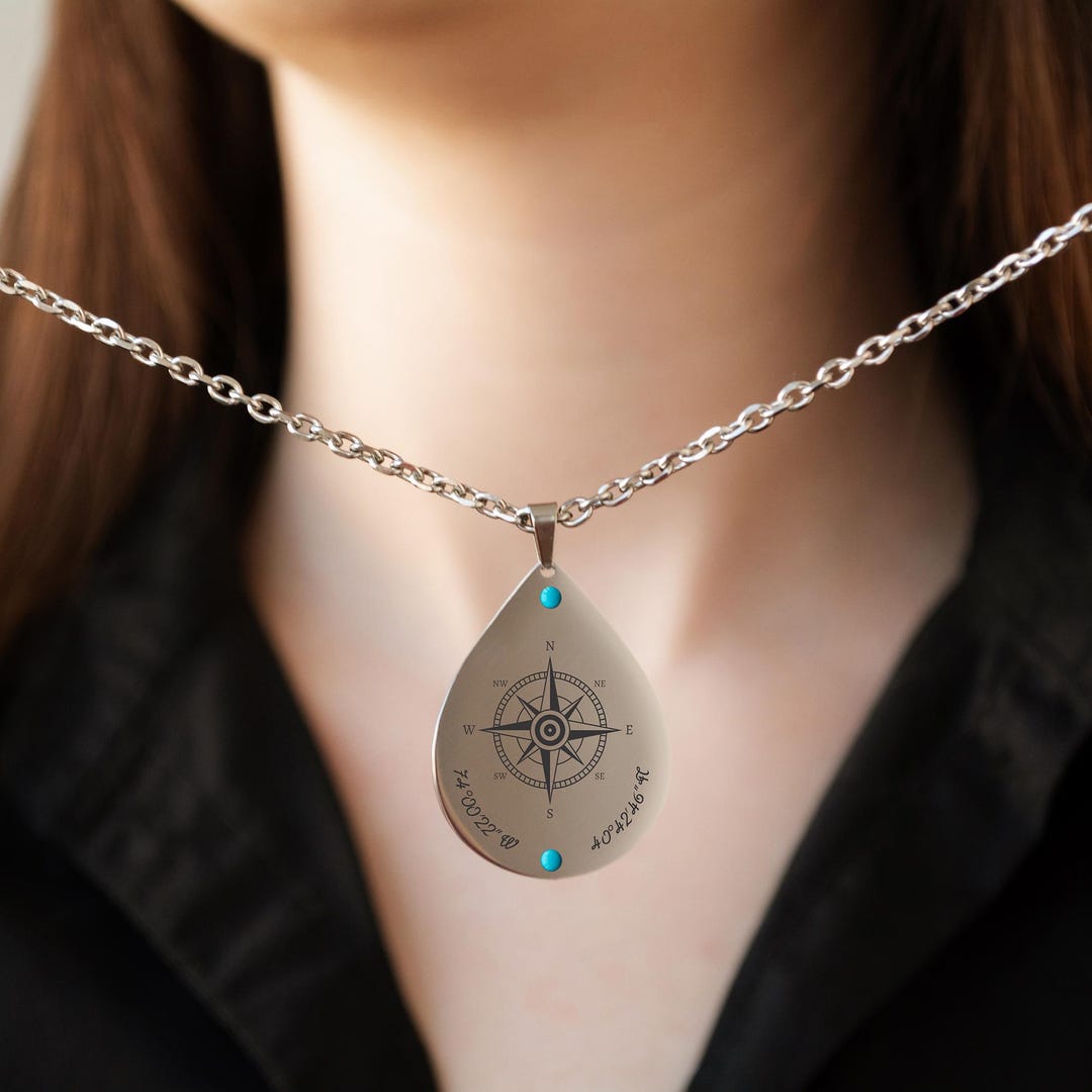 Engraved Compass Necklace • Personalized Jewelry • Custom Coordinates ...
