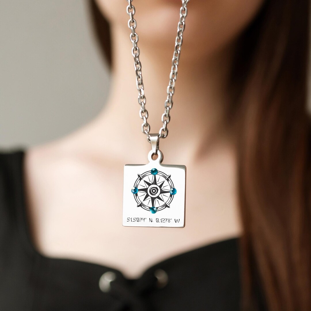 Engraved Compass Necklace • Custom Coordinates Necklace • Personalized ...