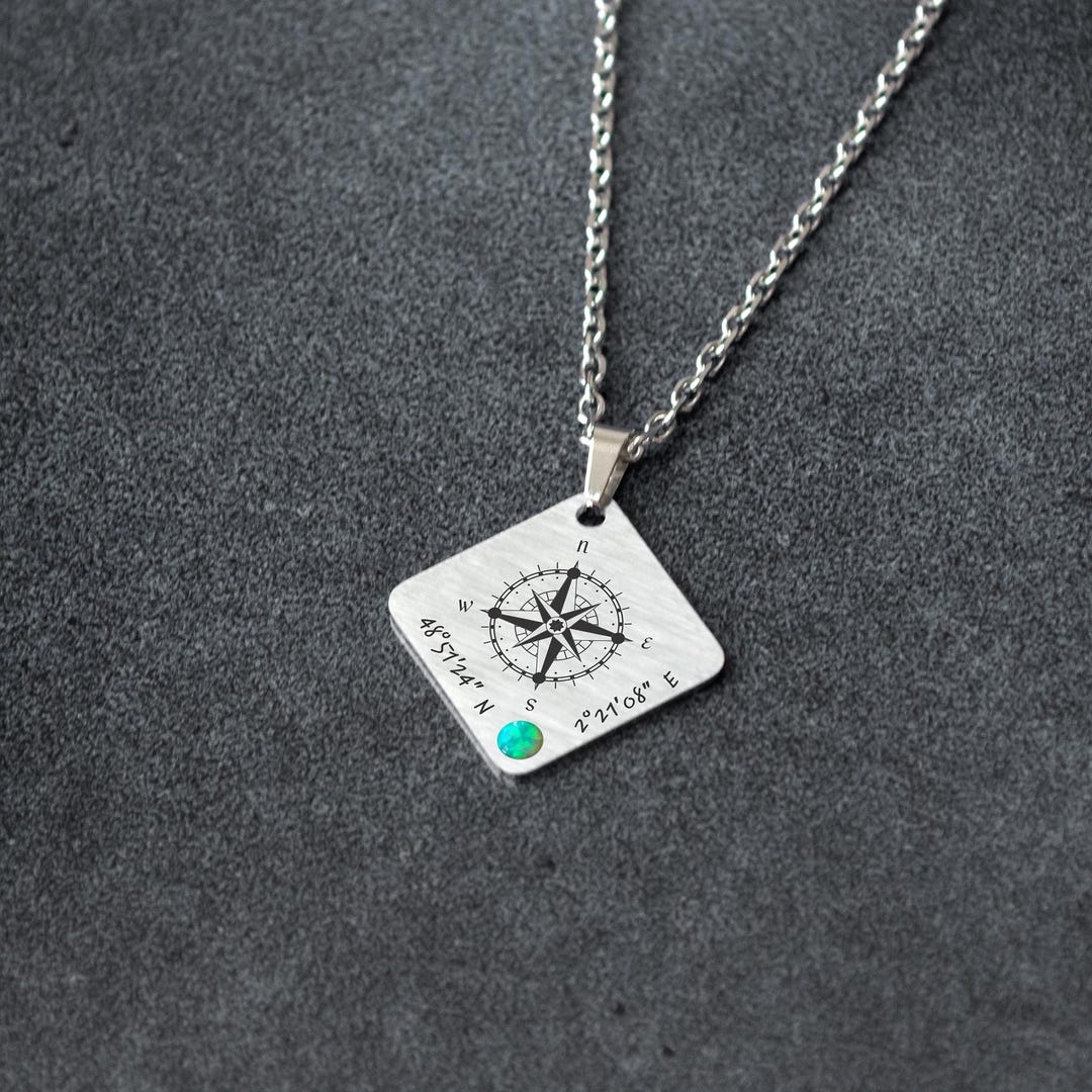 Custom Coordinates Compass Necklace • Engraved Stainless Steel ...